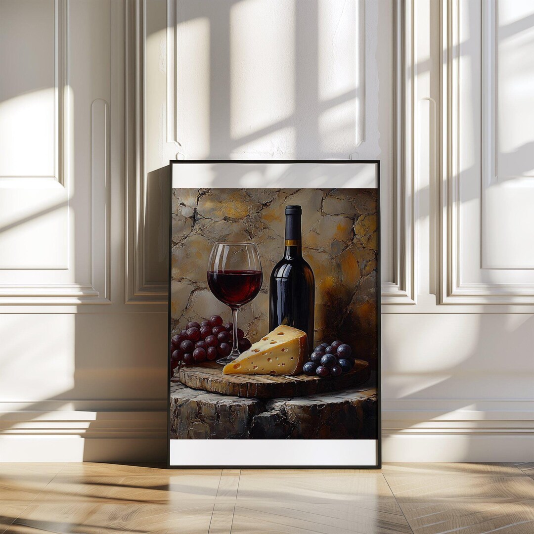 Wine Bottle Cheese and Grapes Wall Art Still Life Print Wine and Cheese ...