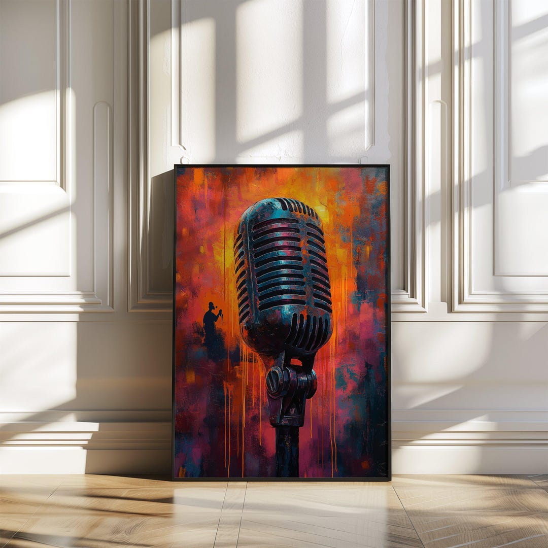 Retro Microphone Wall Art Print or Stretched Canvas, Vibrant Music ...