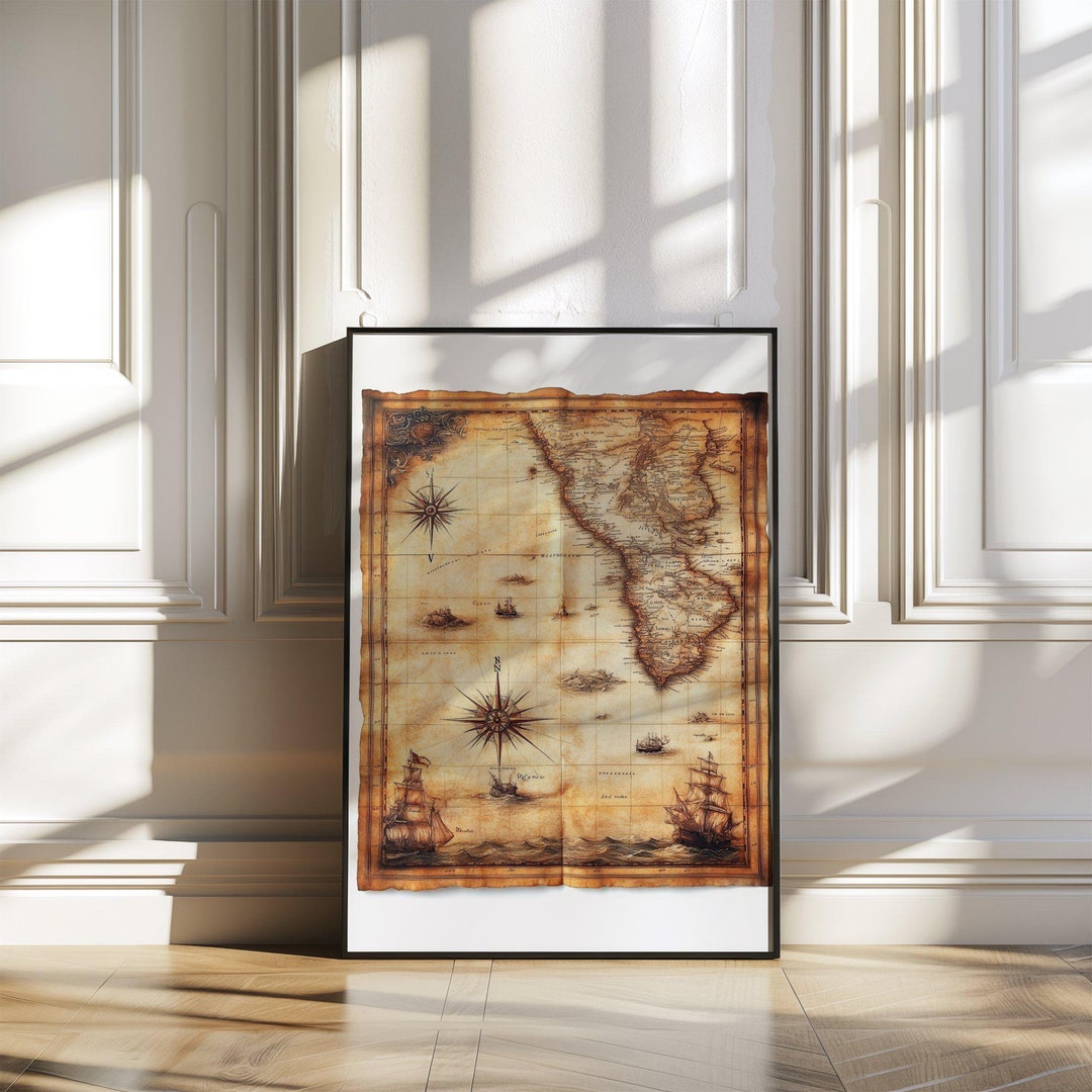 Vintage Nautical Map Wall Art, Antique Ship Map Print, Historical ...