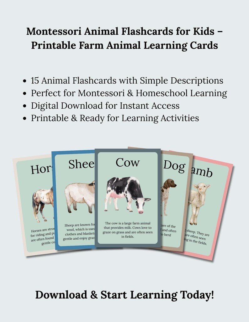 Montessori Farm Animal Flashcards – Educational Learning Cards (digital ...