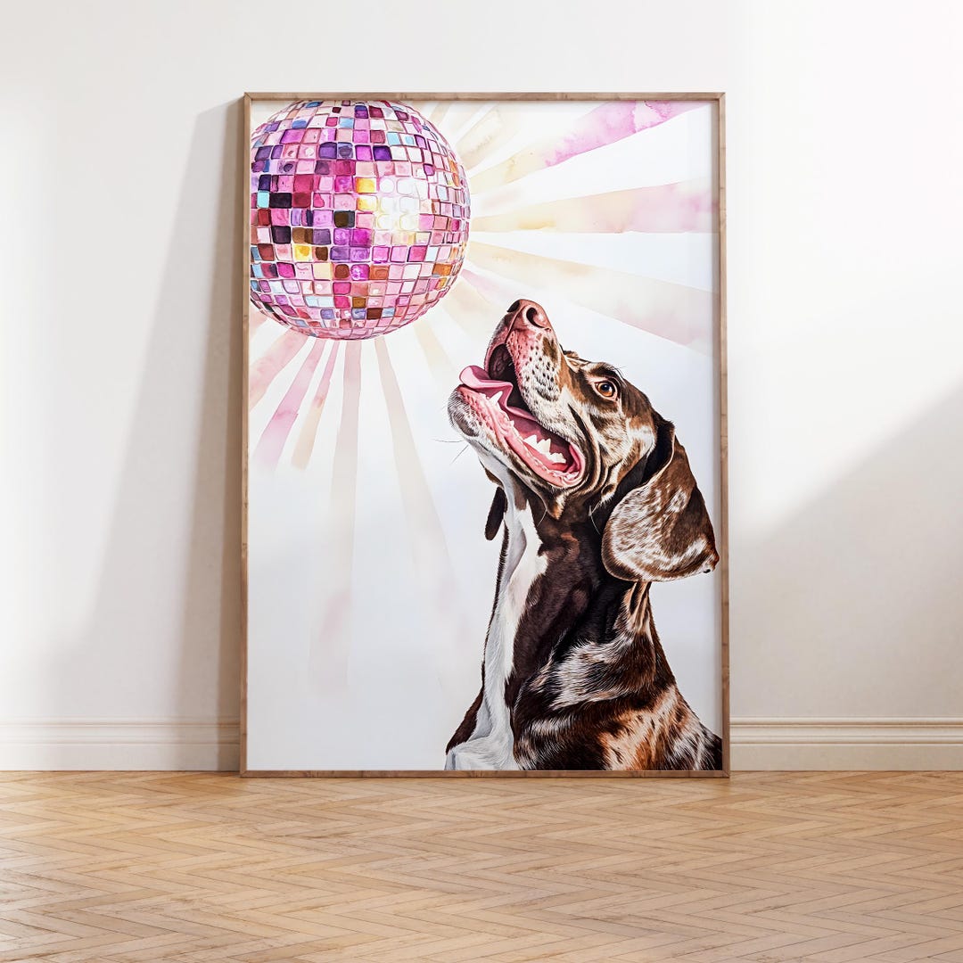 Pink Disco Ball Sparkle German Shorthaired Pointer Watercolor Art Print ...