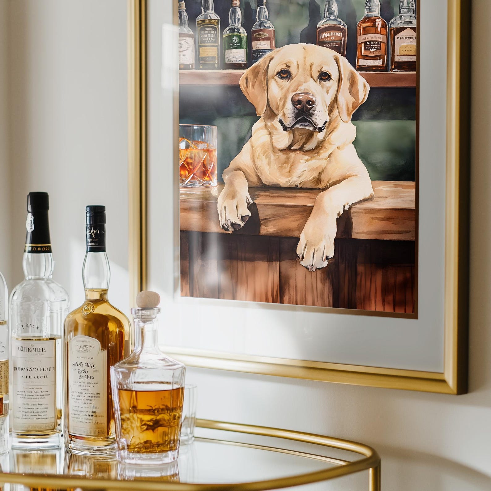 Yellow Lab Bar Cart Decor: Dog Lover Watercolor Whiskey Kitchen Print ...