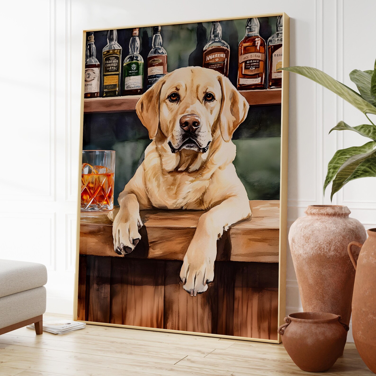 Yellow Lab Bar Cart Decor: Dog Lover Watercolor Whiskey Kitchen Print ...