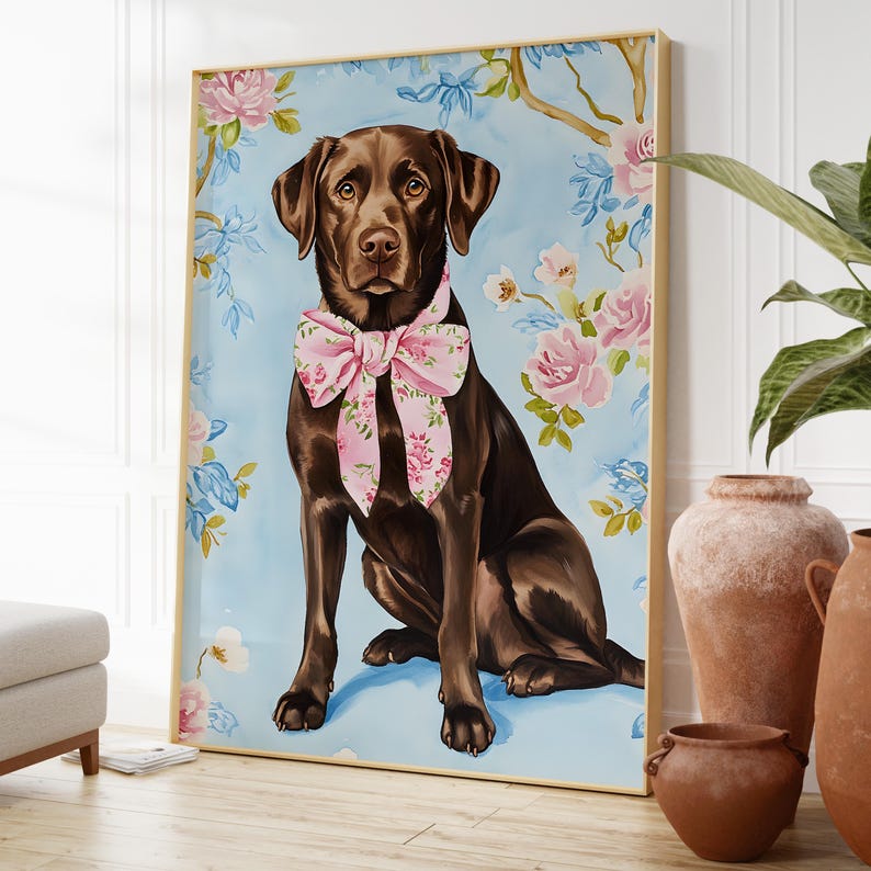 Labrador Art - Chocolate Lab Dog Pink Coquette Print - Chinoiserie ...