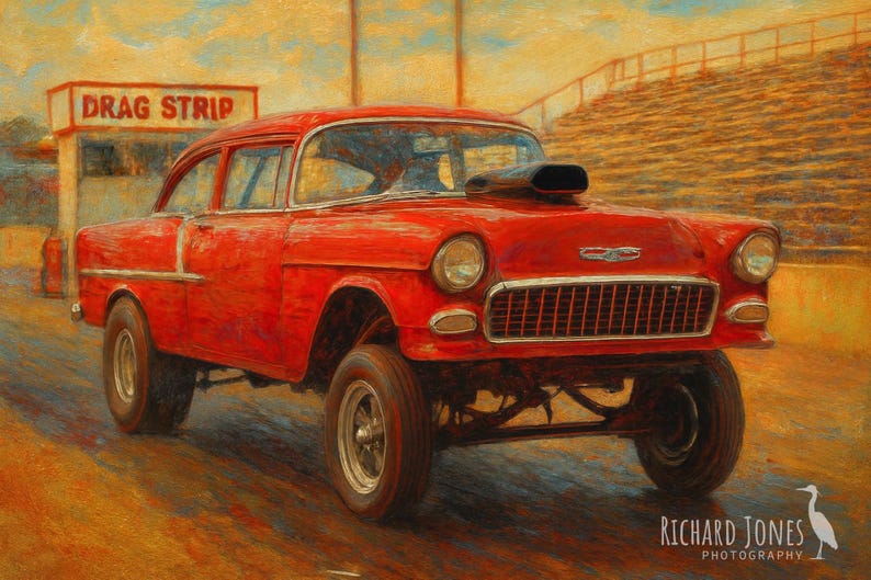1955 Chevy Drag Racing Art Print – Vintage Hot Rod, Man Cave Decor ...