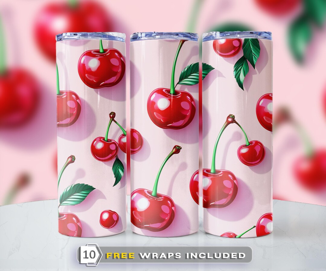 Cherry Tumbler Wrap PNG | Glossy Red Cherries Sublimation Design for ...