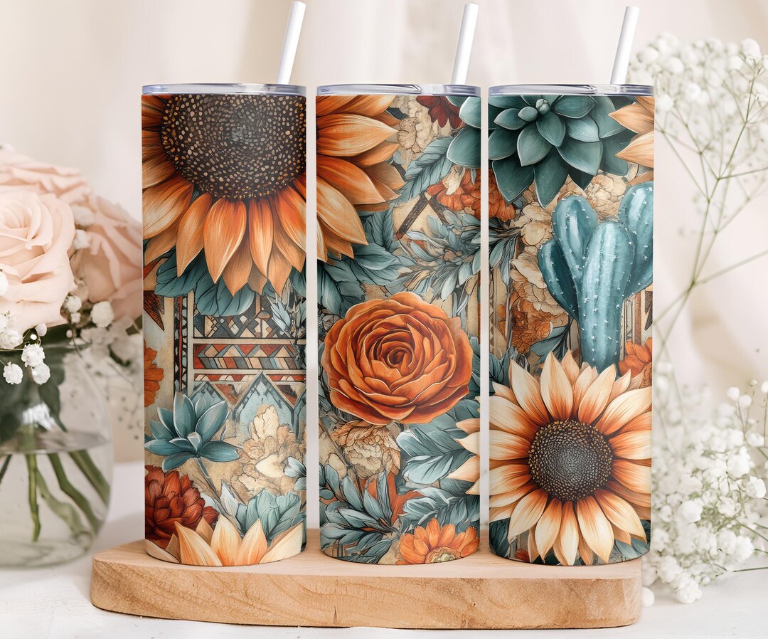 Sunflower Aztec Tumbler Wrap Sublimation PNG, Boho Cactus, 20oz Skinny ...