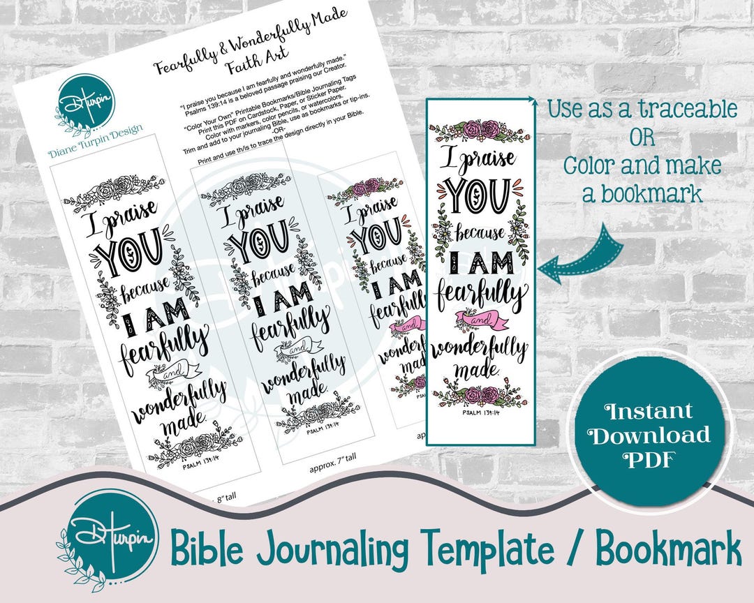 Bible Journaling Verse Art | Coloring Bookmark Featuring Psalm 139:14 ...