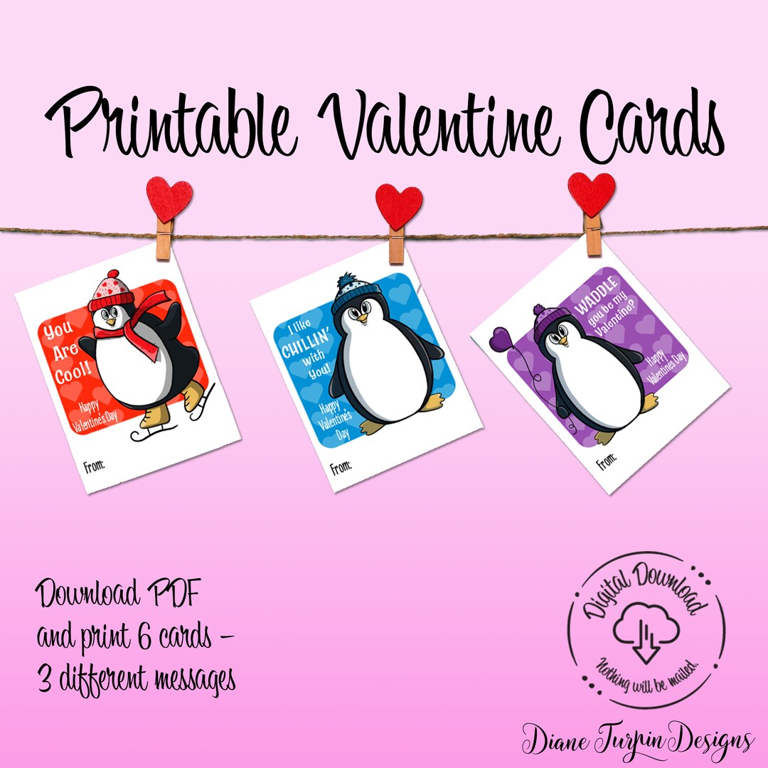 Penguin Valentine Cards | INSTANT DOWNLOAD | Kids Valentines Day Card ...
