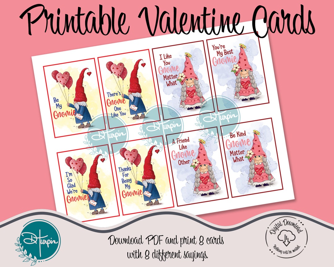 Gnome Valentine Cards INSTANT DOWNLOAD Kids Valentines Day Card, DIY ...