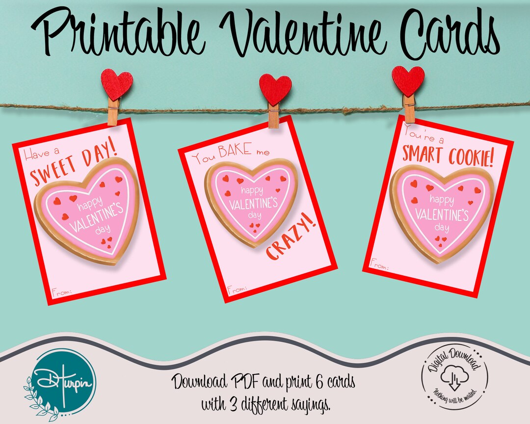 Heart Cookie Valentine Cards | INSTANT DOWNLOAD | Kids Valentines Day ...