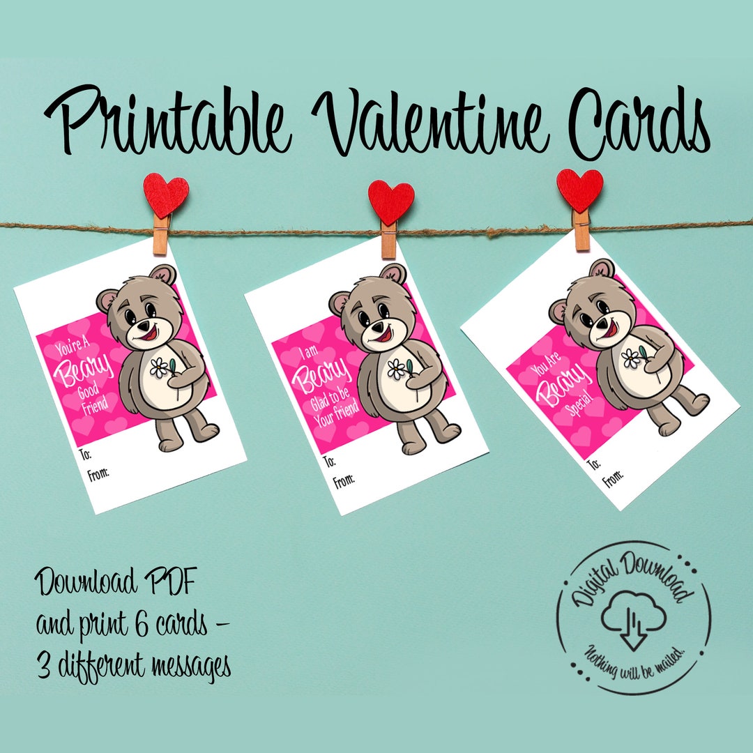 Teddy Bear Valentine Cards | INSTANT DOWNLOAD | Kids Valentines Day ...