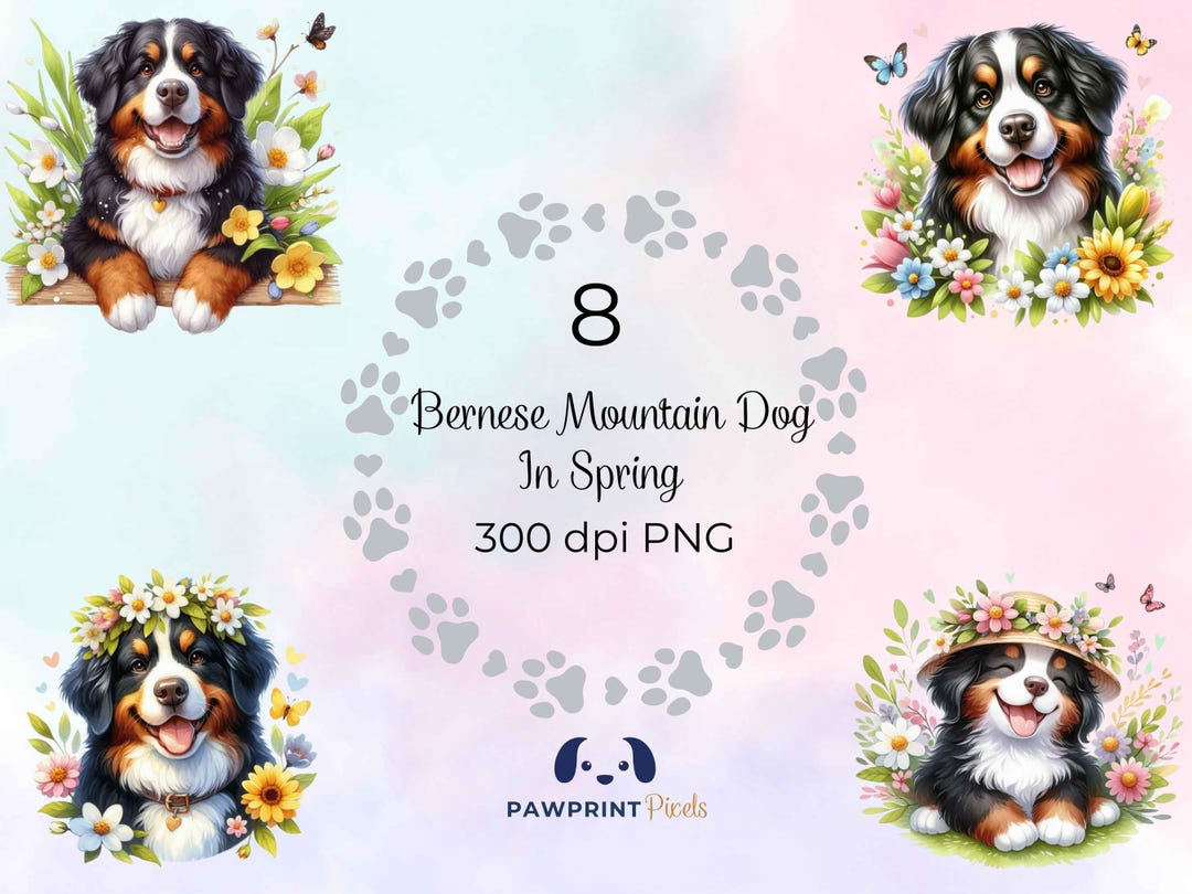 Bernese Mountain Dog in Spring PNG File, Enchanting Dog With Flowers ...