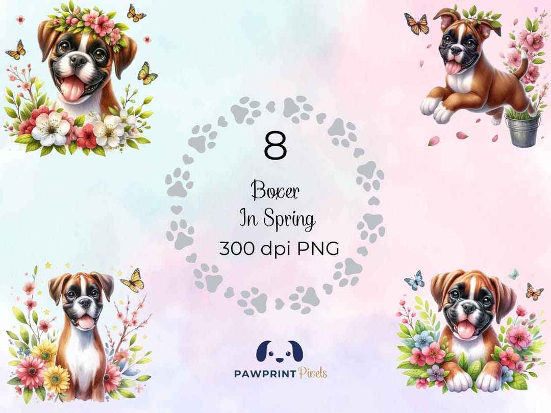 Boxer in Spring PNG File, Charming Dog With Flowers Digital Image, 300 ...