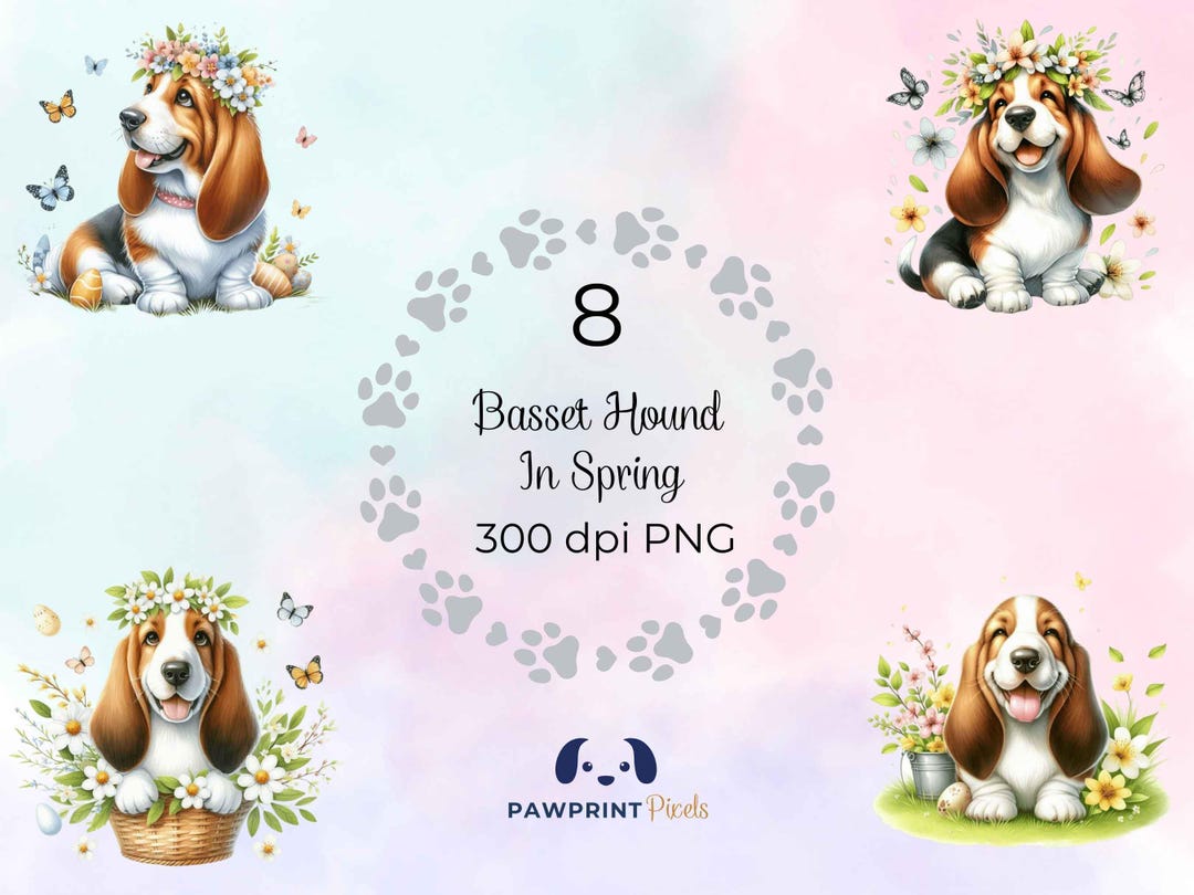 Basset Hound in Spring PNG File, Kawaii Dog With Flowers Digital Image ...