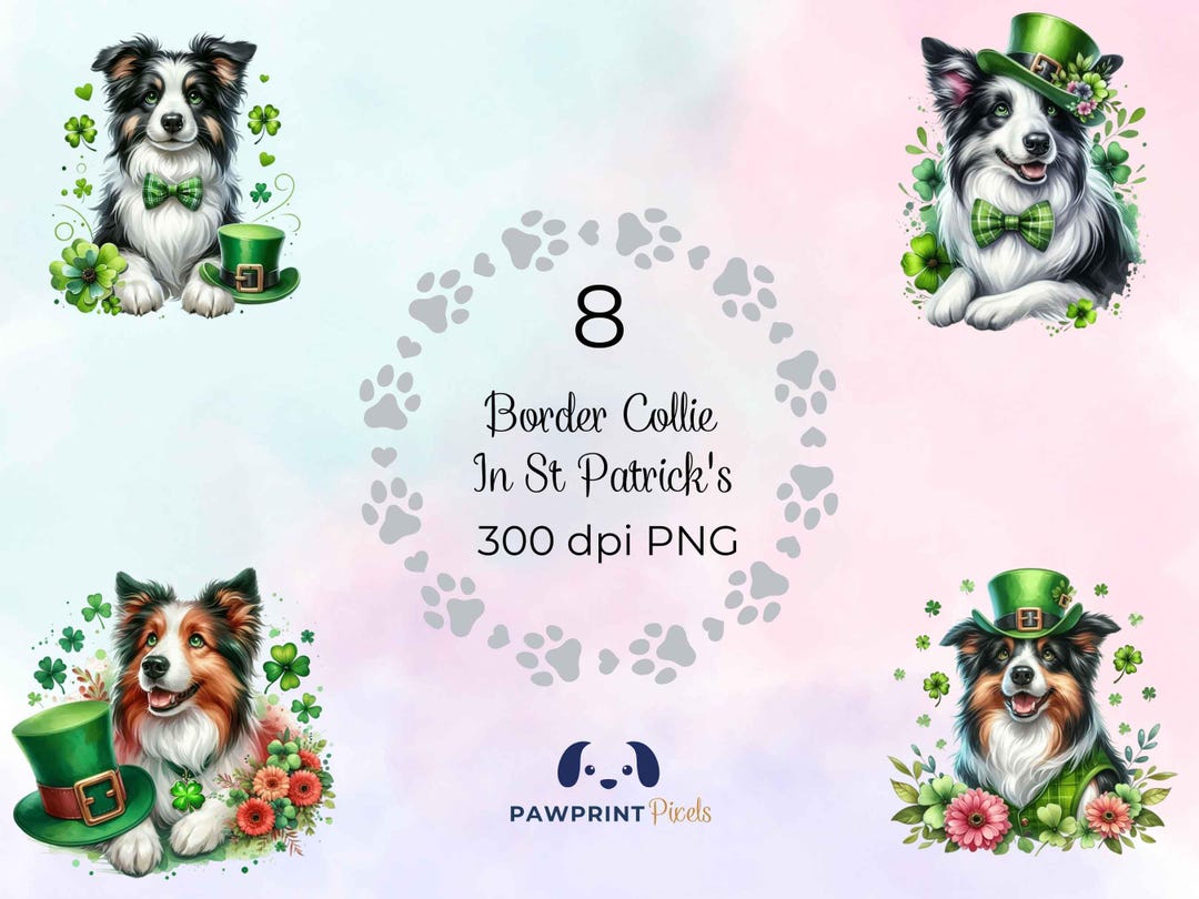 Border Collie in St Patrick's PNG File, Kawaii Dog in Green Digital ...