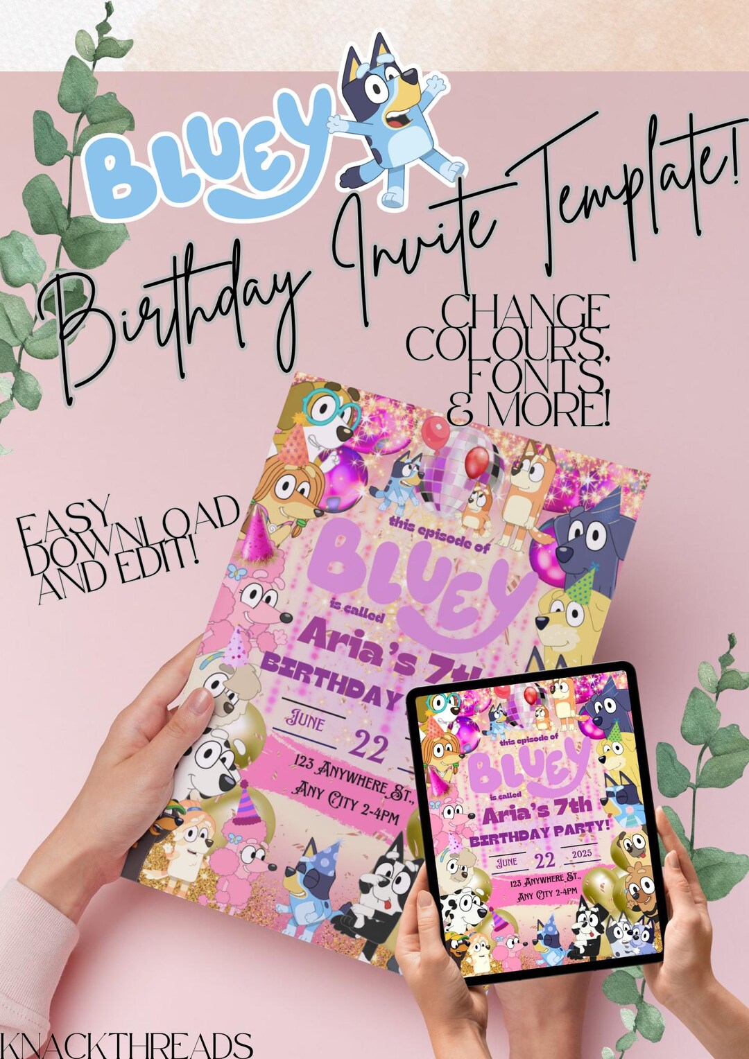BLUEY Disco Pink Birthday Invitation - Editable Digital Download. Edit ...
