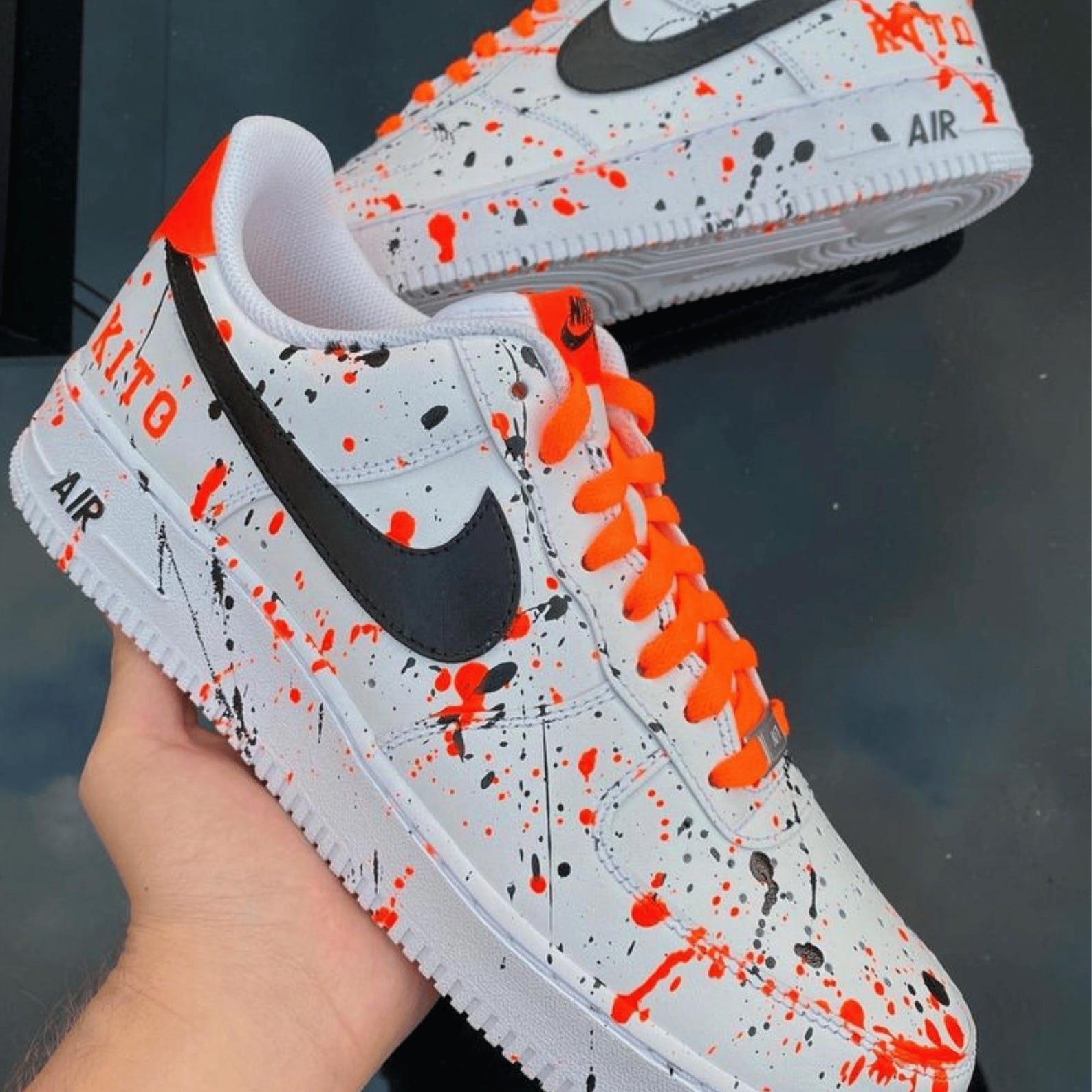 Custom Splatter Paint Air Force 1 | Hand Painted Black & Orange Drip ...