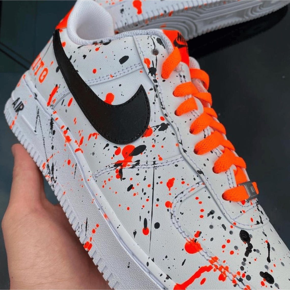 Custom Splatter Paint Air Force 1 | Hand Painted Black & Orange Drip ...