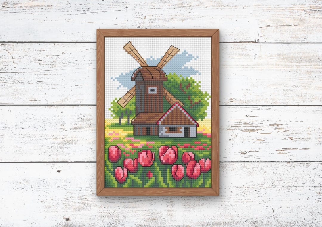 Windmill and Tulip Field Cross Stitch Pattern PDF – Dutch Landscape ...