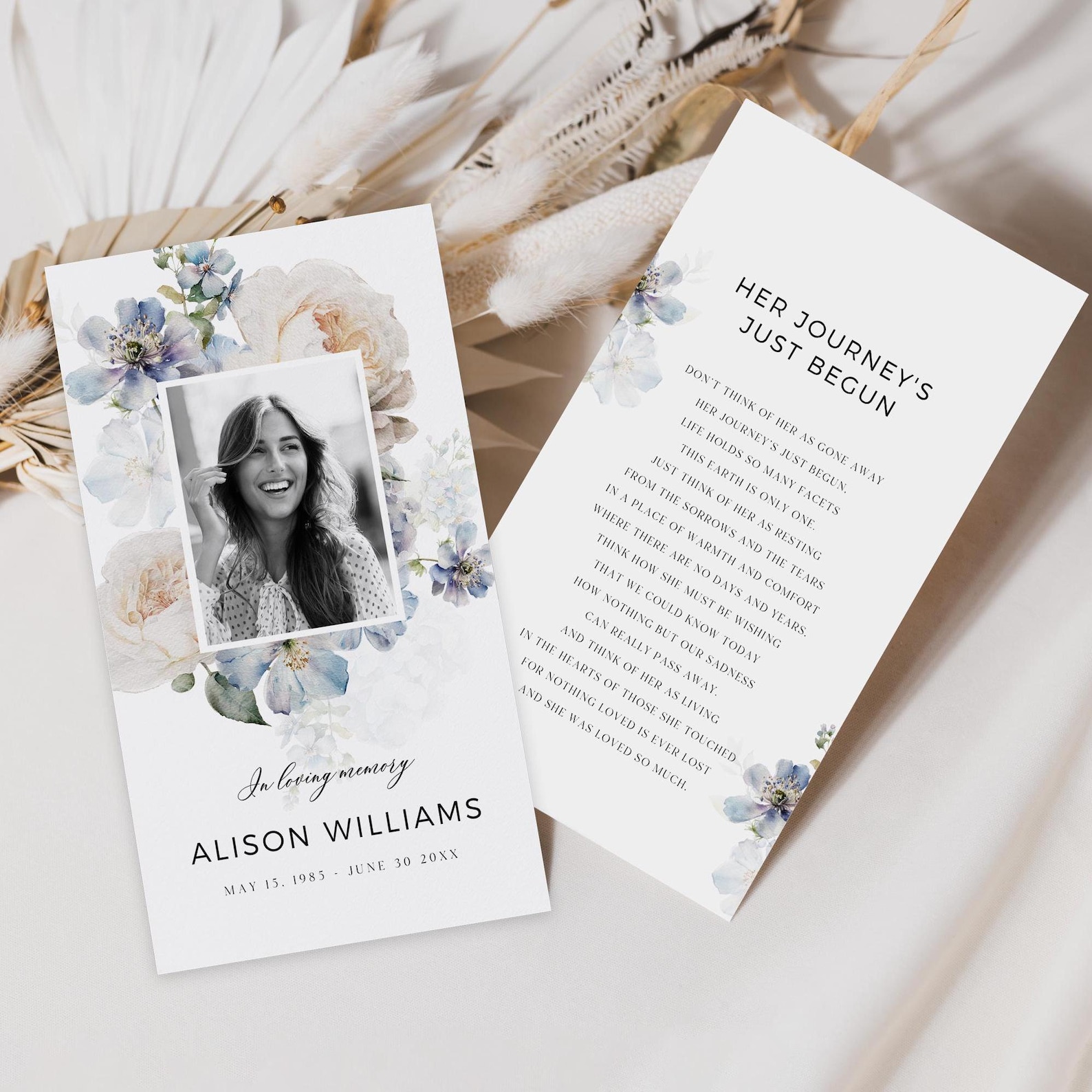 Dusty Blue Funeral Prayer Cards Template, Canva Floral Celebration of ...