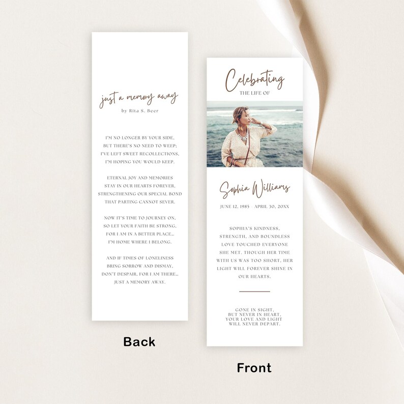 Modern Funeral Bookmark Template: Canva Memorial Keepsake (instant ...