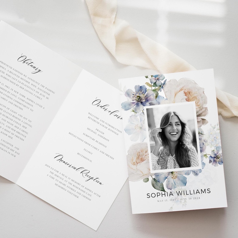 Dusty Blue Floral Funeral Program Template: Canva Celebration of Life ...