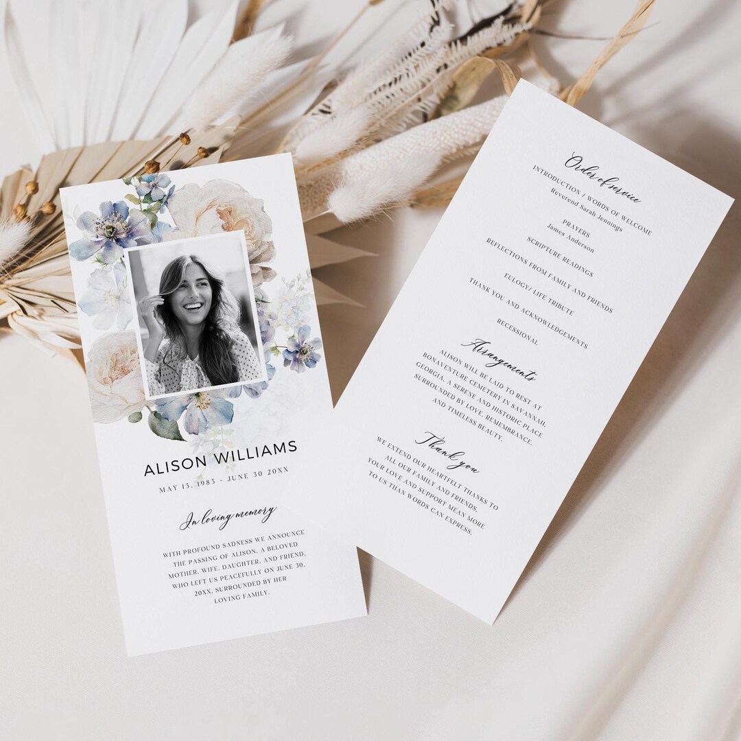 Printable Double-sided Funeral Program Template, Floral Celebration of ...