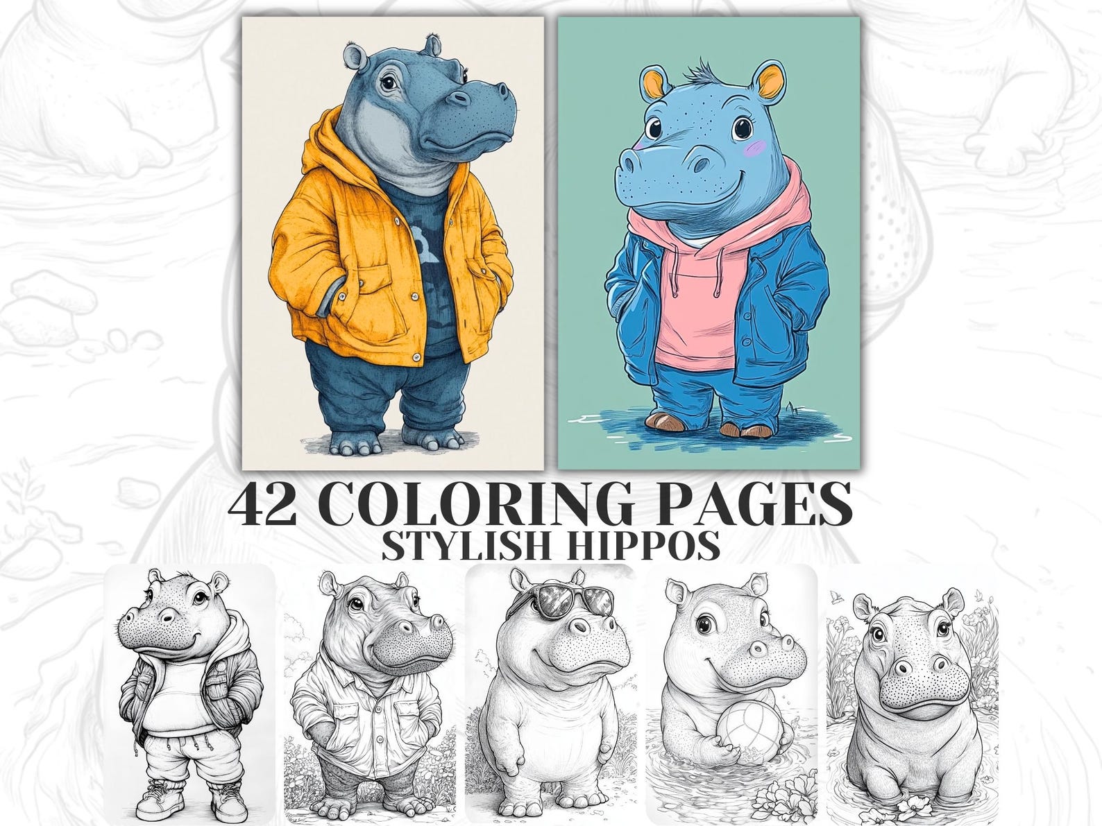 42 Stylish Hippos Coloring Pages for Adults and Kids, Animals Coloring ...