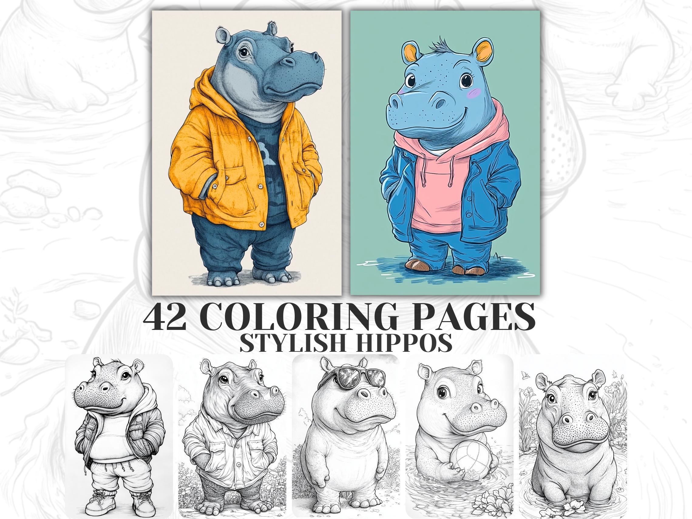 42 Stylish Hippos Coloring Pages for Adults and Kids, Animals Coloring ...