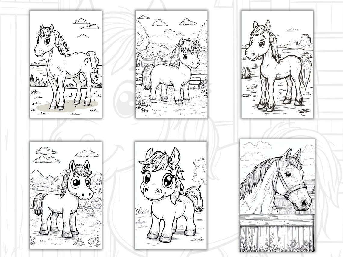 Horses Coloring Book for Kids and Teens, Kindergarten Activity, Farm ...