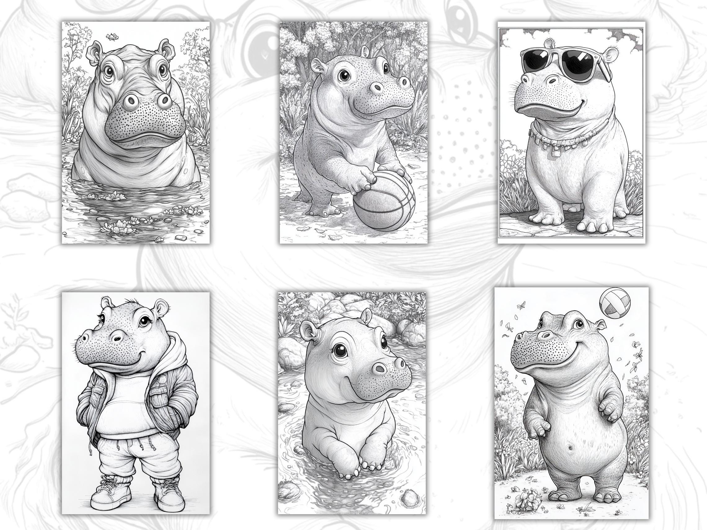 42 Stylish Hippos Coloring Pages for Adults and Kids, Animals Coloring ...