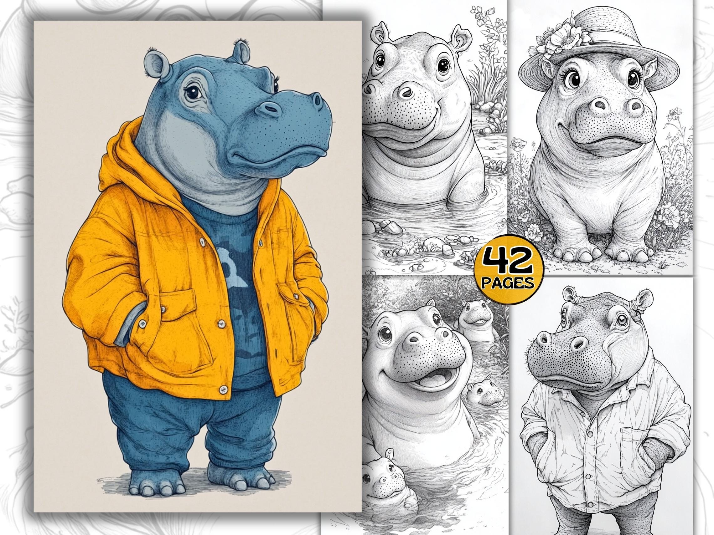 42 Stylish Hippos Coloring Pages for Adults and Kids, Animals Coloring ...