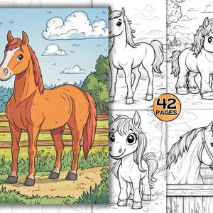 Horses Coloring Book for Kids and Teens, Kindergarten Activity, Farm ...