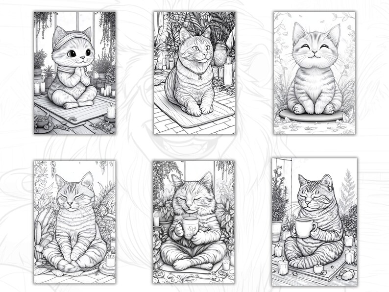 45 Yoga Cats Coloring Pages for Adults, PDF Printable Greyscale ...