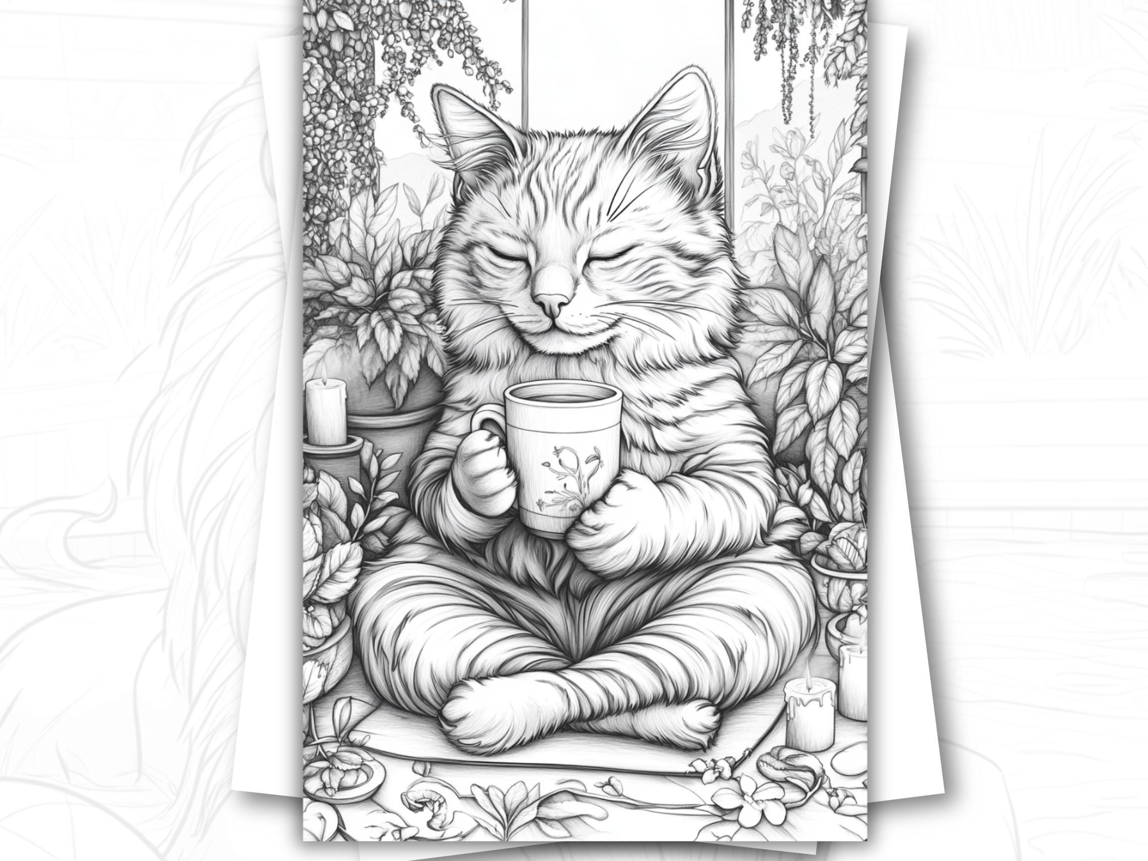 45 Yoga Cats Coloring Pages for Adults, PDF Printable Greyscale ...