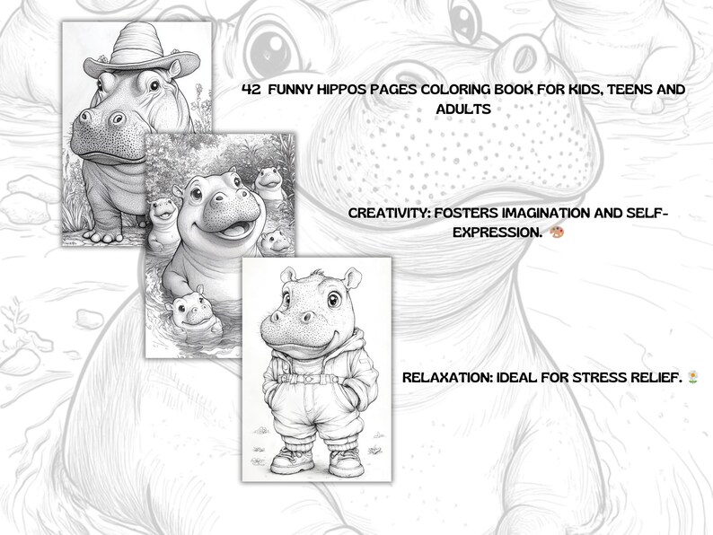 42 Stylish Hippos Coloring Pages for Adults and Kids, Animals Coloring ...