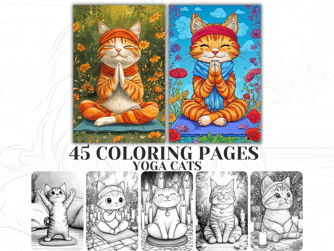 45 Yoga Cats Coloring Pages for Adults, PDF Printable Greyscale ...