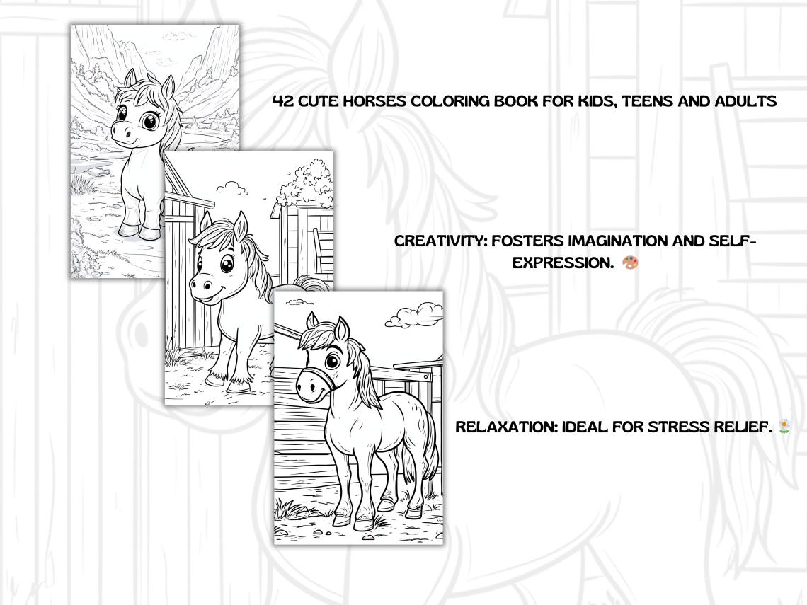Horses Coloring Book for Kids and Teens, Kindergarten Activity, Farm ...