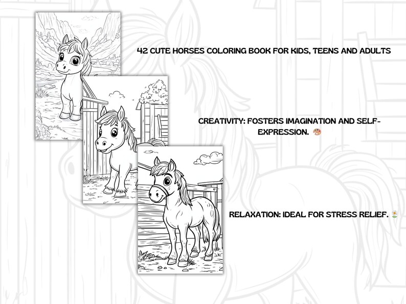 Horses Coloring Book for Kids and Teens, Kindergarten Activity, Farm ...