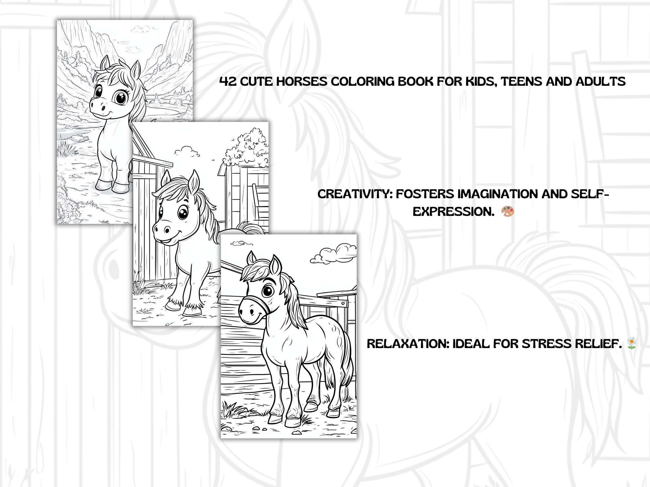 Horses Coloring Book for Kids and Teens, Kindergarten Activity, Farm ...