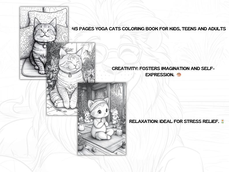 45 Yoga Cats Coloring Pages for Adults, PDF Printable Greyscale ...