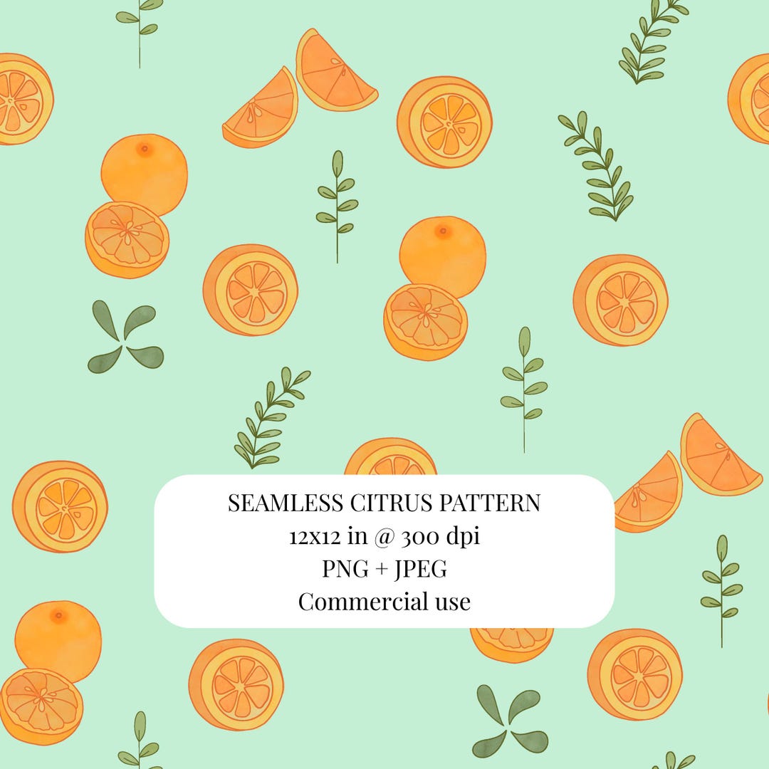 Citrus Orange Seamless Pattern | Fresh Fruit & Green Leaves | Summer ...