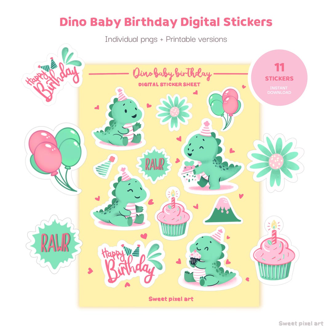 Cute Birthday Party Stickers | Printable Dino Stickers | Digital ...