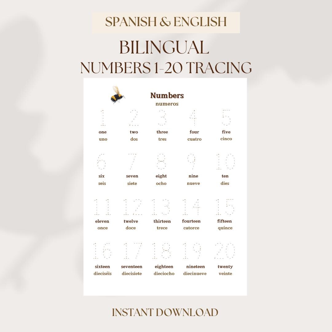 Bilingual Spanish English Numbers 1-20 Tracing Page - Etsy
