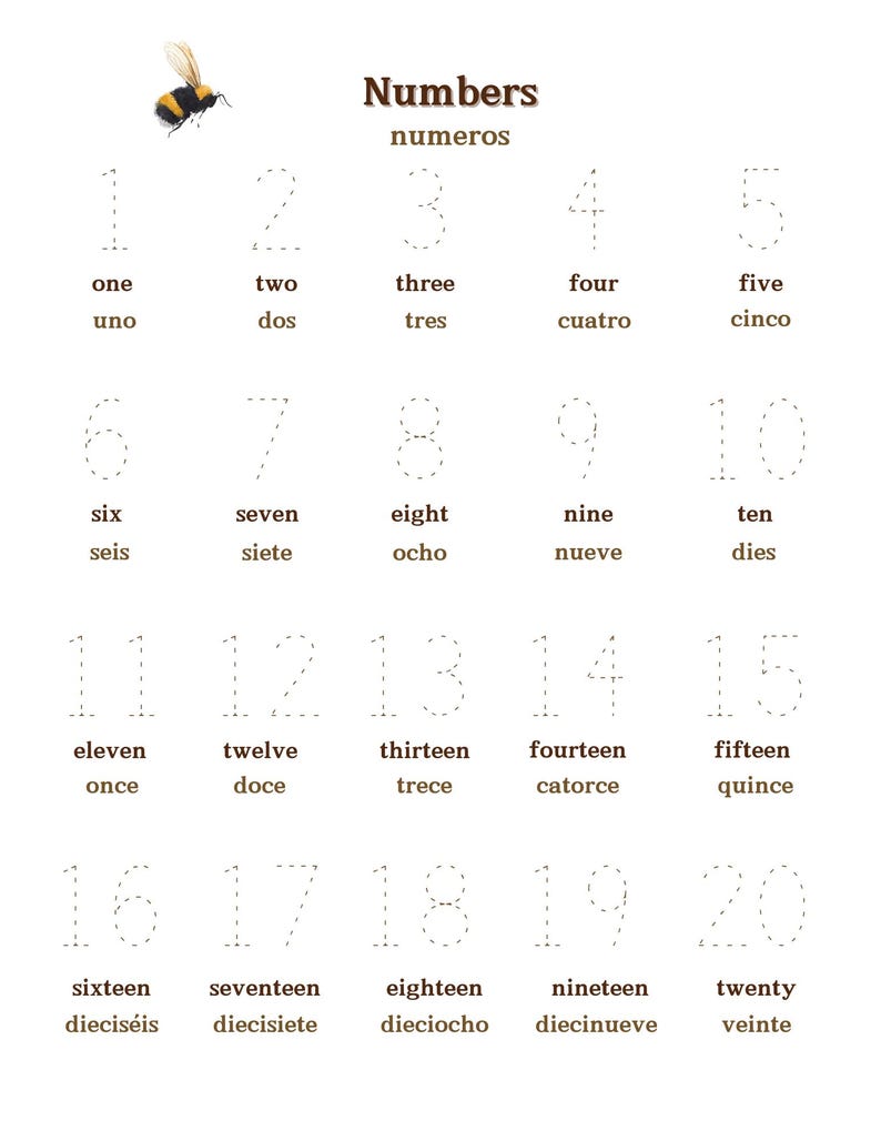 Bilingual Spanish English Numbers 1-20 Tracing Page - Etsy