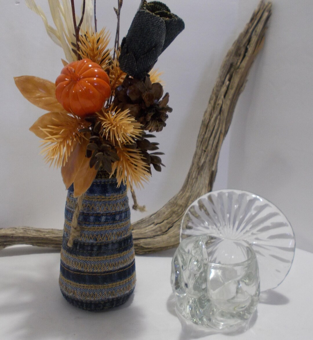 Recycled Denim Jeans Seams Vase With Denim Rose and Vintage Avon Glass ...