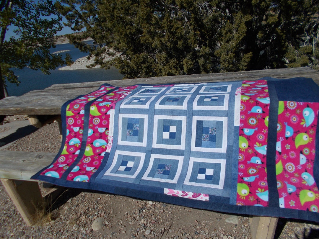 Denim Crumb Quilt: Patchwork With Quirky Birds & Fleece Backing - Etsy