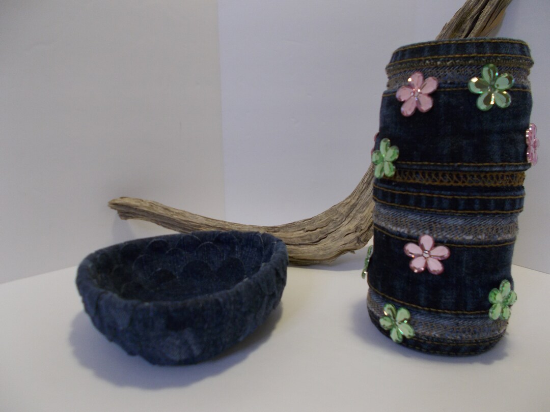 Denim Duo - Recycled Denim Jeans Seams and Flowers Vase and Denim ...