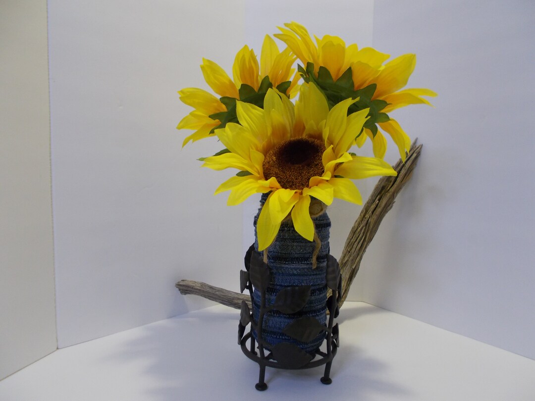 Denim Seams Vase W Bright Sunflowers on Farmhouse Style Heavy Metal ...